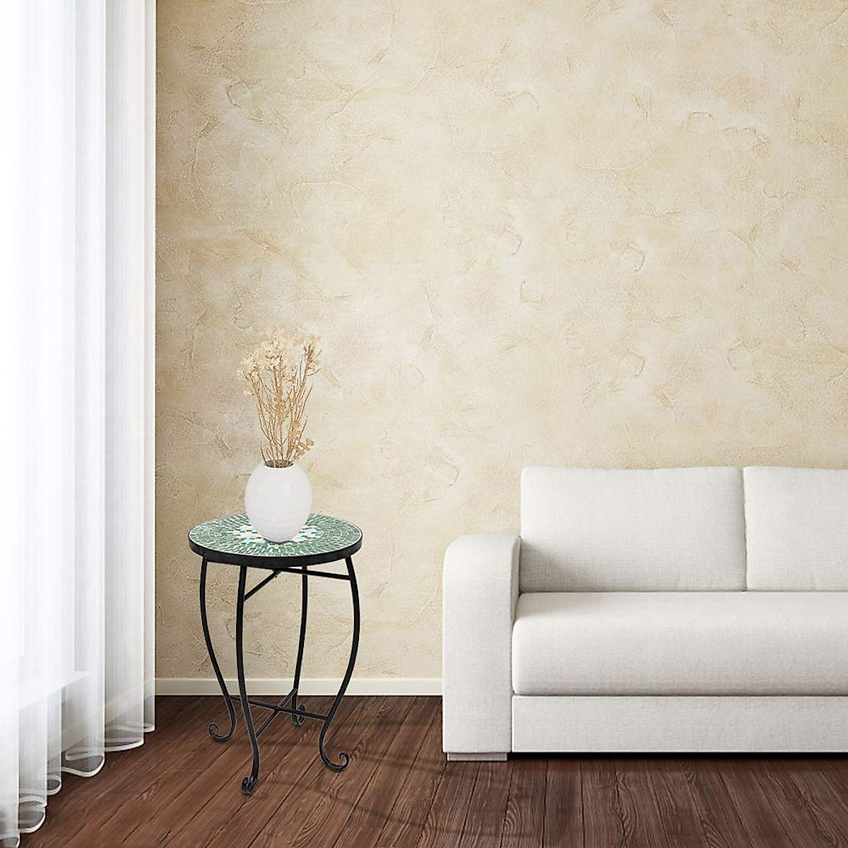 yzohu Birsppy Amuro Mosaic Accent Table Round Side Table, Wrought Iron Stained Glass Patio Flower Stand Outdoor Coffee End Table, Indoor Outdoor for Patio Lawn Garden Home (Green Surface)