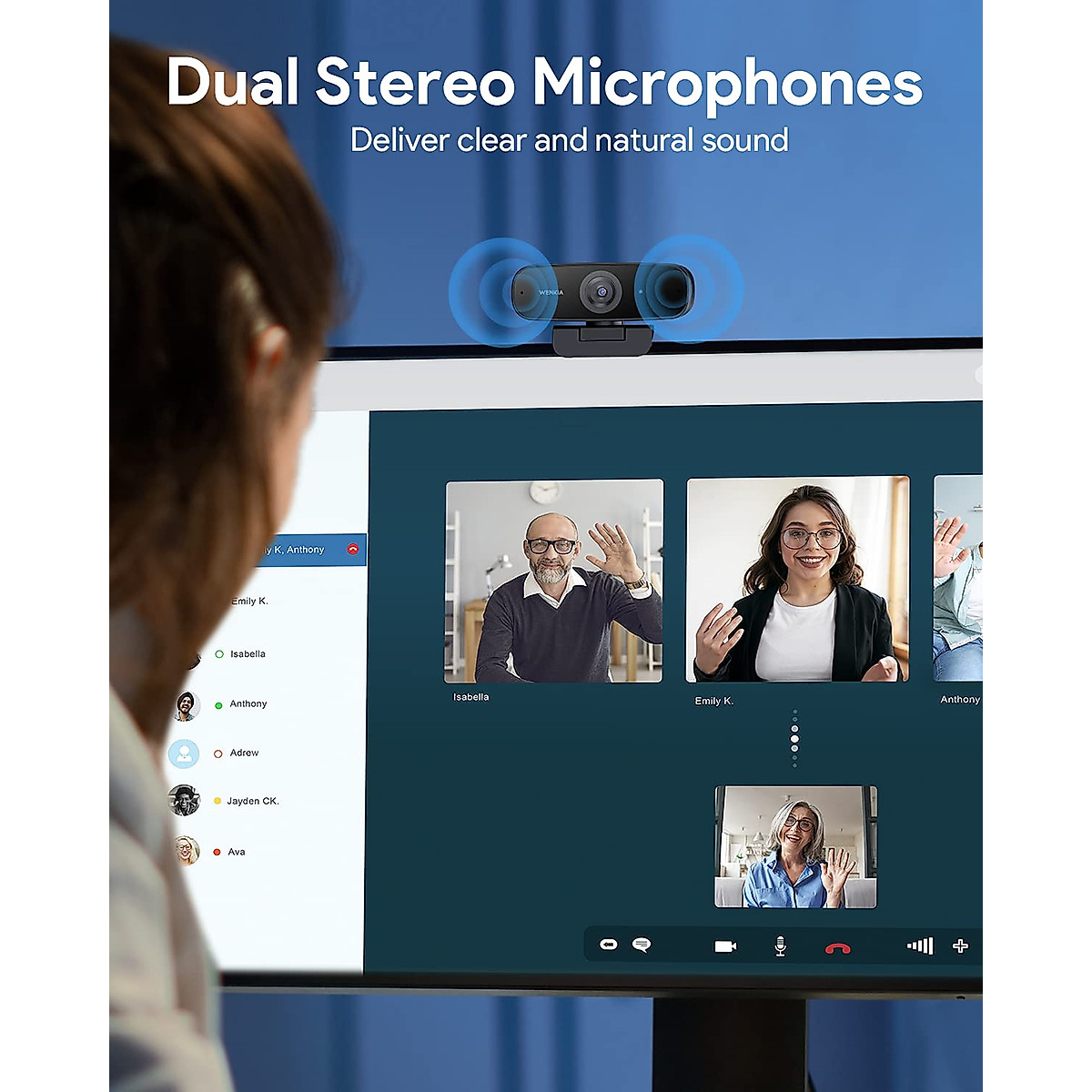 Webcam with Microphone, WENKIA Full HD 1080P USB Desktop Web Computer Camera with Dual Stereo Microphones, Streaming Webcam for Video Conferencing & Chatting, Compatible with Windows, Mac, PC & Laptop