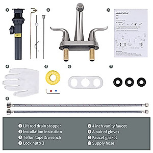 WOWOW Bathroom Faucet 2 Handle 4 Inch Centerset Bathroom Sink Faucet, Lead-Free Basin Mixer Tap with Lift Rod Drain Stopper, 2 Handle Centerset Lavatory Faucet Brushed Nickel Vanity Faucet