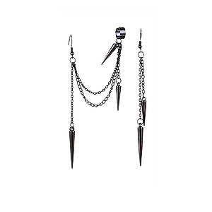 Black Spike Asymmetric Threader Drop Dangle Earrings for Women Men Teen Girls Boys Punk Personalized Cartilage No Pierced Cuff Long Chain Fish Hook Piercing Hanging Earrings for Boyfriend Daughter Son