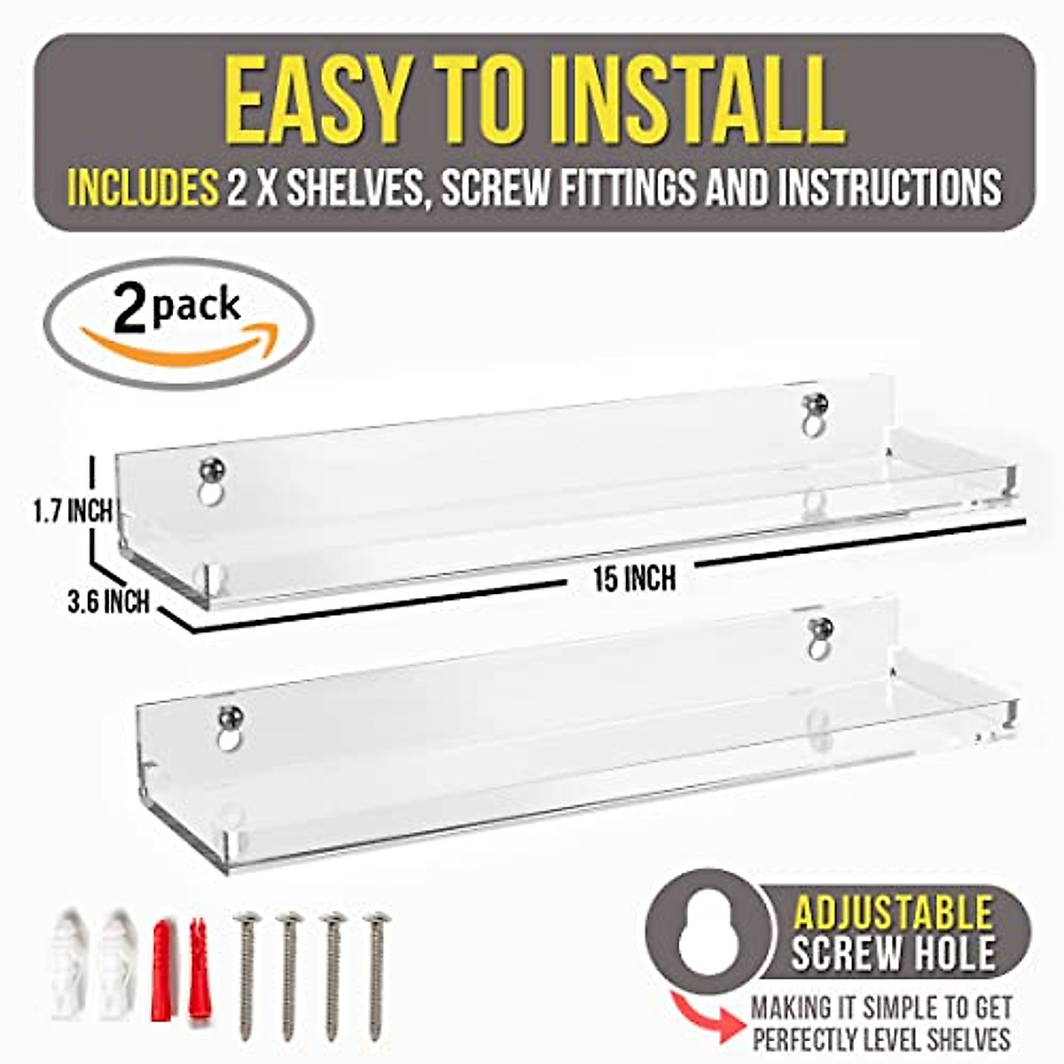 Pretty Display Acrylic Bathroom Shelves [2 Pack] Wall Mounted 15" Shelf Set - Crystal Clear Floating Shelves, Easy to Wall Mount, Rust-Proof & Maintenance-Free