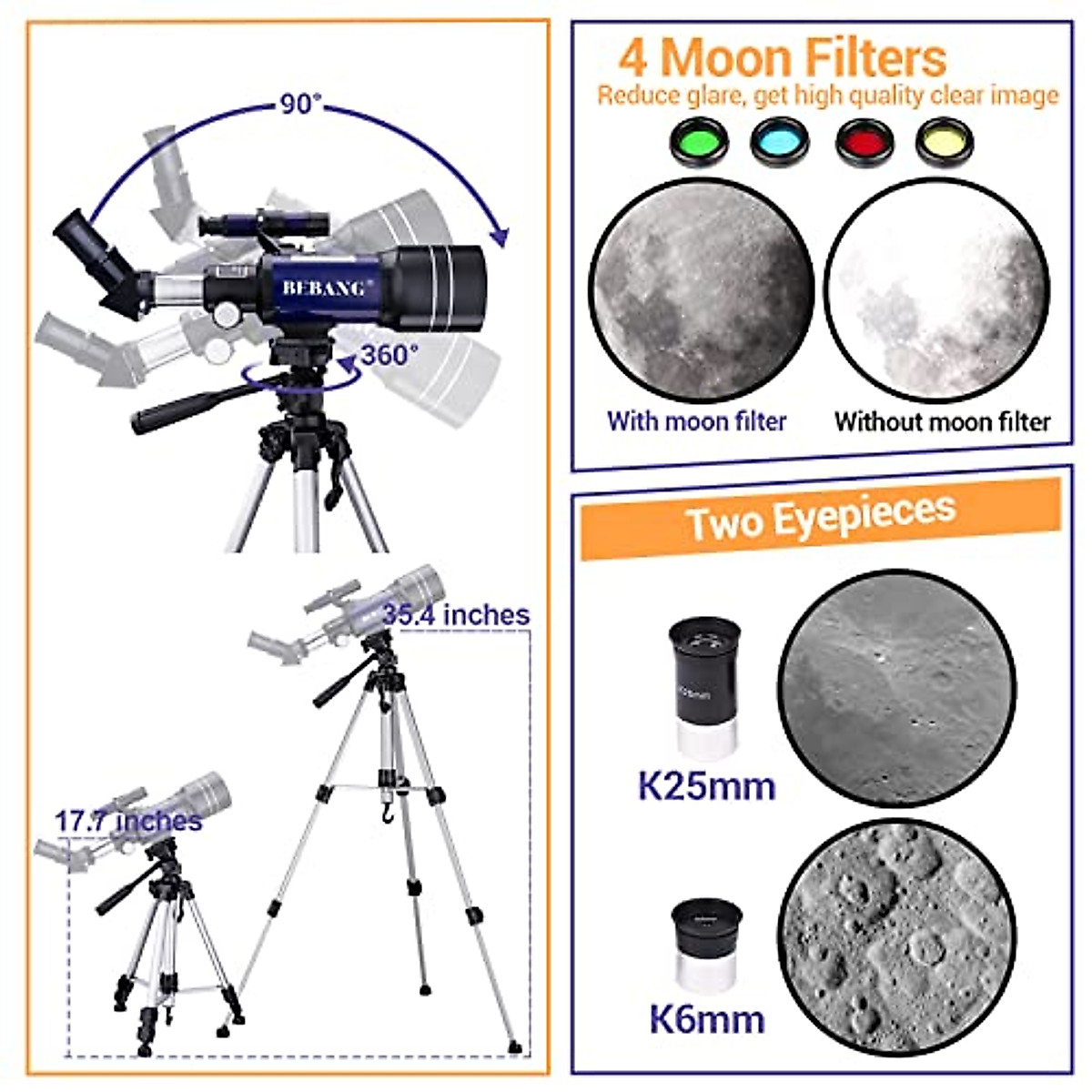 Telescope for Kids & Adults Astronomy - 70mm Aperture 300mm Refractor Telescope for Astronomy Beginners