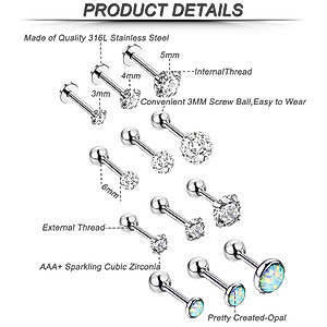 YOVORO 12Pcs 16G 316L Stainless Steel Stud Earrings for Women Cartiliage Earring Tragus Helix Piercing Created-Opal 3/4/5MM