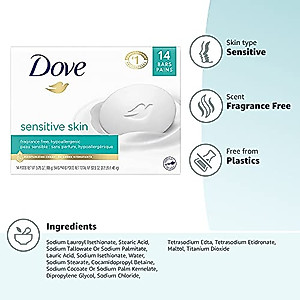 Dove Beauty Bar More Moisturizing Than Bar Soap for Softer Skin, Fragrance-Free, Hypoallergenic Beauty Bar Sensitive Skin With Gentle Cleanser 3.75 oz, 14 Bars