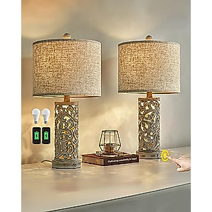 OYEARS 3-Way Dimmable 22'' USB A+C Touch Control Table Lamp Set of 2 with Nightlight for Living Room Bedroom Farmhouse Bedside Nightstand Lamps (2 Bulbs and 2 Built-in LED Beads Included)