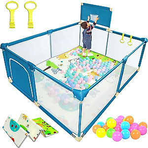 Baby Playpen for Toddlers,71"x59" Inch Extra Large Playpen with Non-Slip Suction Cups, 2 Handle Loops, Ocean Ball and Animal Pattern Crawling Mat,Sturdy and Safe Playpen with Basketball Hoop.