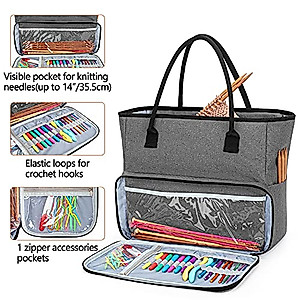 YARWO Knitting Crochet Bag, Yarn Storage Tote Bag for WIP Projects, Yarn Skeins, Crochet Hooks and Knitting Needles, Gray (Bag Only, Patent Pending)