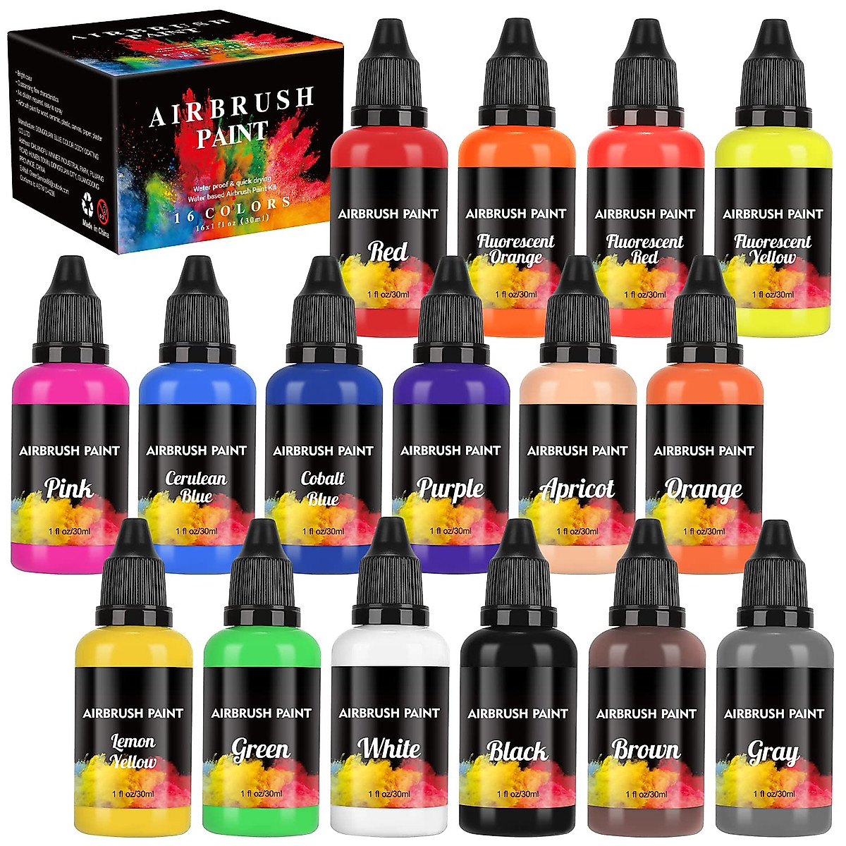 Airbrush Paint, PINJAT 16 Colors Airbrush Paint Set (30ml/1oz), Opaque & Water Based Acrylic Airbrush Paint Kit, Including Fluorescent Colors, Air Brush Painting Set for Beginners Artists and Hobbyist