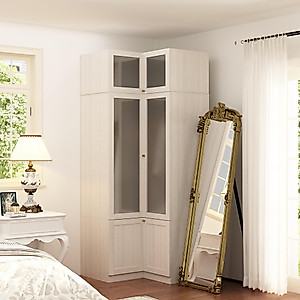 Homsee L-Shape Armoire Wardrobe Closet with Frosted Glass Doors, Hanging Bar & Shelves, Wooden Closet Storage Cabinet with Top Cabinet for Bedroom, Warm Grey (35.4”L x 35.4”W x 86.6”H)