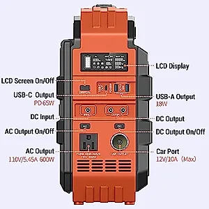 BROWEY Portable Power Station with 30W Solar Panel, 614.4Wh LiFePO4 Battery Backup,110V/600W(Peak 1200W) Pure Sine Wave AC Outlet, Solar Generator for Outdoor Camping, RV Travel（Orange)