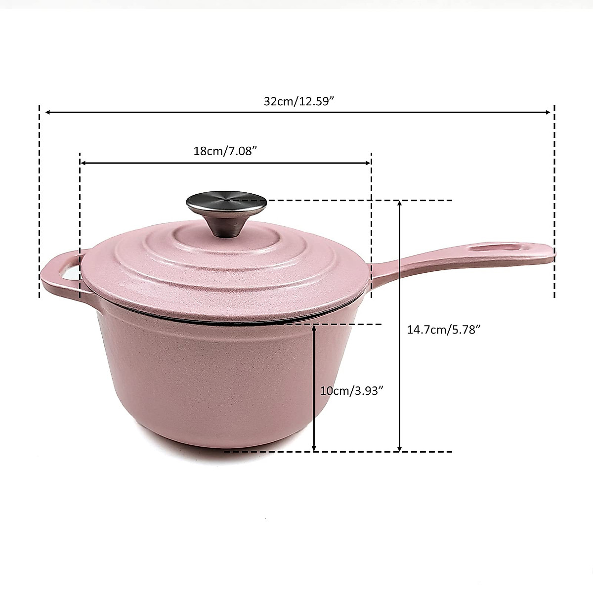 HAWOK Enameled Cast Iron Saucepan, 2QT Saucepan with Lid and Long Handle, Pink