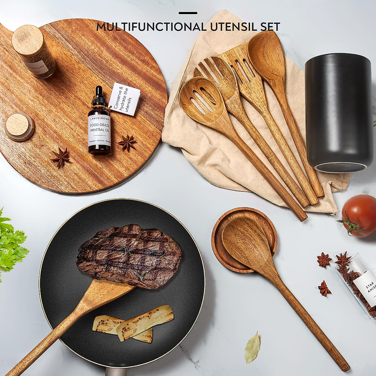 Lanzo Design Kitchen Utensil Set, 8 pcs Wooden Cooking Utensils Spatula Set with Ceramic Holder (Black Holder)