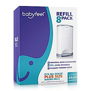 Babyfeel Refills Compatible with DEKOR PLUS Diaper Pails | 8 Pack | Exclusive 30% Extra Thickness | Diaper Pail Refills with Powerful Odor Elimination | Fresh Powder Scent | Holds up to 4640 Diapers