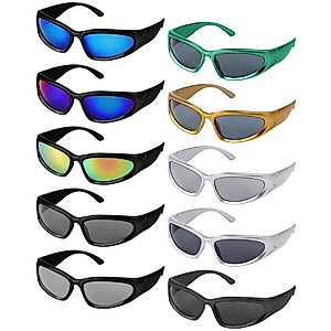 10 Pairs Y2K Wrap Around Sunglasses Multicolor Black Blue Silver Oval Shaped Sport Sunglasses Eyewear for Women Men 10 Colors