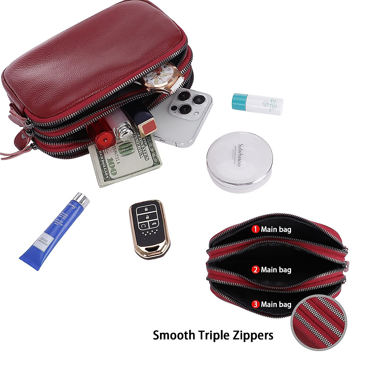 Phenas Leather CellPhone Purse Crossbody Shoulder Bags Medium Purse Multi Zipper Purses Handbag Wallet for Women