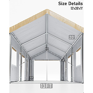 DEXSO Carport 13'x20' Heavy Duty Portable Garage, 1.0 mm Steel Poles & 180 g PE Waterproof Canopy, with Front & Rear Doors, 2 Side Doors, and 4 Windows, for Pickup Truck, and Boat, Khaki