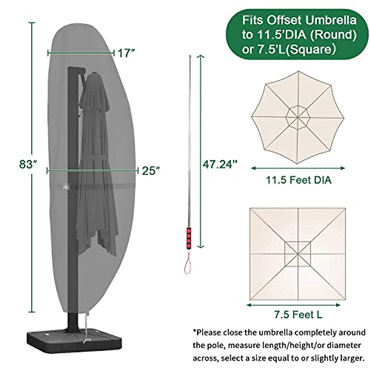 GARDRIT Patio Umbrella Cover, 600D Waterproof Patio Cantilever Umbrella Covers for 7.5-11.5 Feet Offset Umbrella, Outdoor Market Umbrellas Cover with Zipper and Rod