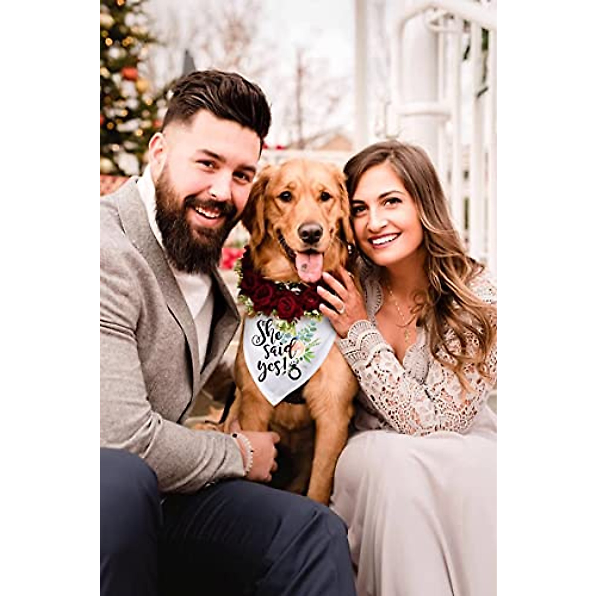 YHTWIN She Said Yes Wedding Dog Bandana, White Flower Pattern Cotton Triangle Dog Scarf, Dog Engagement Wedding Announcement Photo Props Accessories for Pet Dog Lovers Gifts