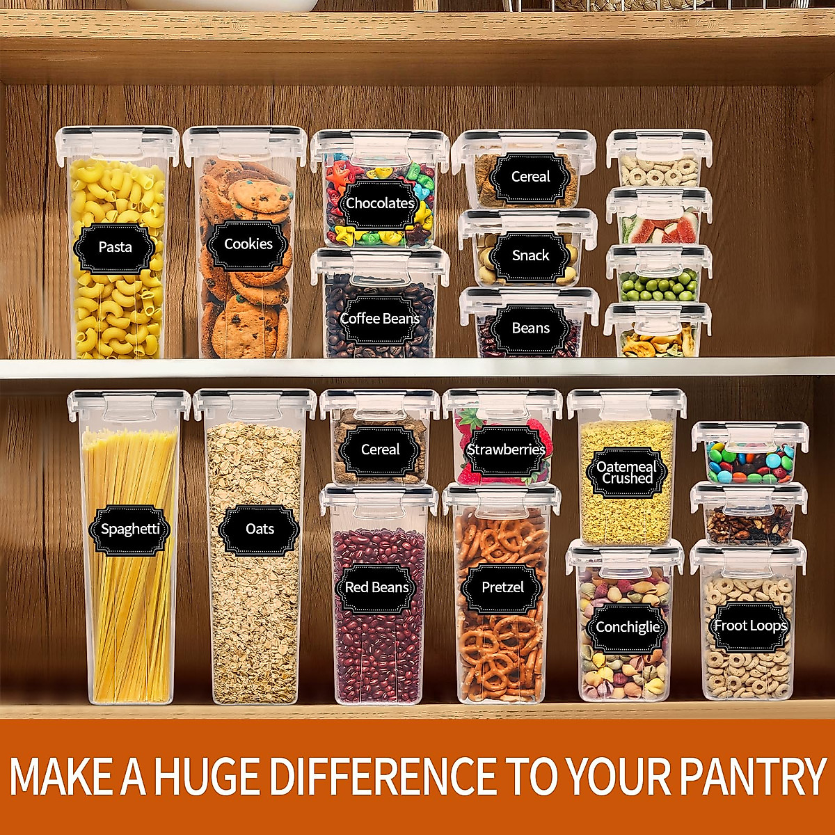 Skroam 36 Pack Airtight Food Storage Containers for Kitchen Pantry Organization and Storage, BPA Free, Plastic Kitchen Storage Containers with Lids for Flour, Sugar, and Cereal, Labels & Marker