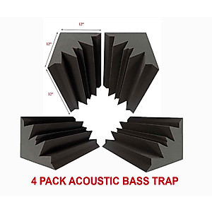 Acoustic Foam XL Bass Trap Studio Soundproofing Corner Wall 12" X 12" X 12" (4 PACK) - Color: Charcoal