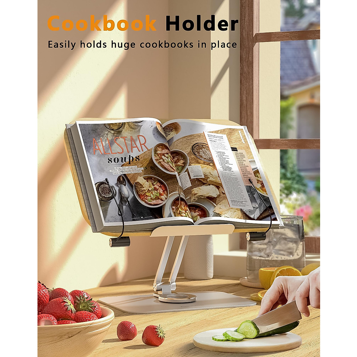 Book Stand for Reading, Amasrich Adjustable Holder with 360° Rotating Base & Page Clips, Foldable Desktop Ricer for Cookbook,Sheet Music,Laptop,Recipe,Textbook,Hands Free,Wood,Aluminium