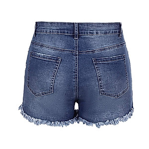 THUNDER STAR Women Mid Rise Ripped Stretchy Jeans Shorts Frayed Raw Hem Casual Denim Shorts Blue XXL