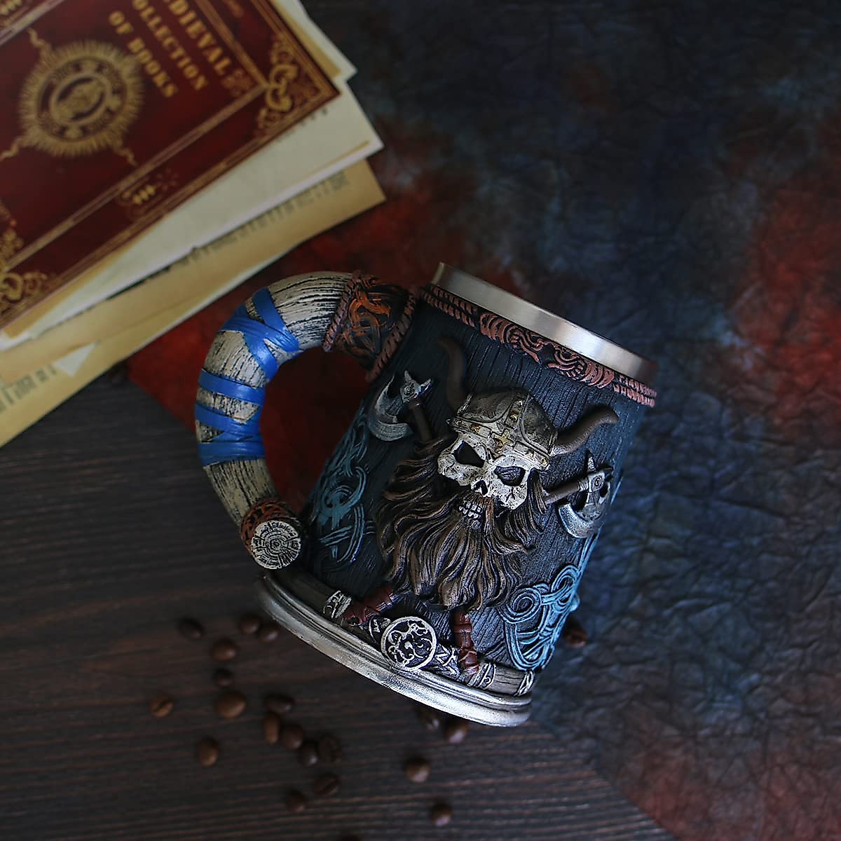 OTARTU Valhalla Viking Stainless Steel Single Handle Horn Skull Beer Stein Cup, Nordic Viking Warrior Skull Mug Tankard 17oz, Halloween Bar Drinkware Men’s Gift