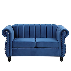 Tiokop Plush 51" Modern Style Dutch Fluff Double Seater Upholstered Sofa with Solid Wood Legs, Buttoned Tufted Backrest,Living Room Furniture for Apartment,Office and Lounge Area,Easy Assembly,Blue