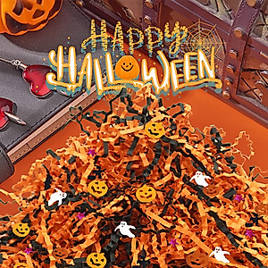 TORONTOKYO 2LB Halloween Black Orange Crinkle Cut Paper with Pumpkin Bat Ghost Witch Star Confetti, Raffia Paper Shredded Paper Filler for Gift Wrapping Craft DIY Basket Filling Party Decoration