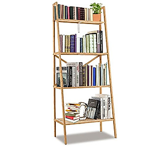 Tangkula 4 Tier Bamboo Ladder Bookshelf, Freestanding Plant Display Stand w/Anti-Tipping Device, Multifunctional Storage Shelves Rack for Home Office Living Room Bedroom Study Hallway (Natural)
