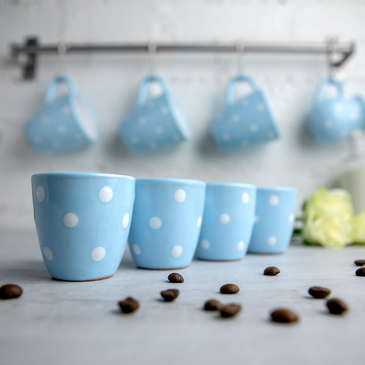 City to Cottage Handmade Light Sky Blue and White Polka Dot Ceramic 2oz/60ml | Espresso Cup Set of 4, Unique Designer Pottery for Coffee Lovers