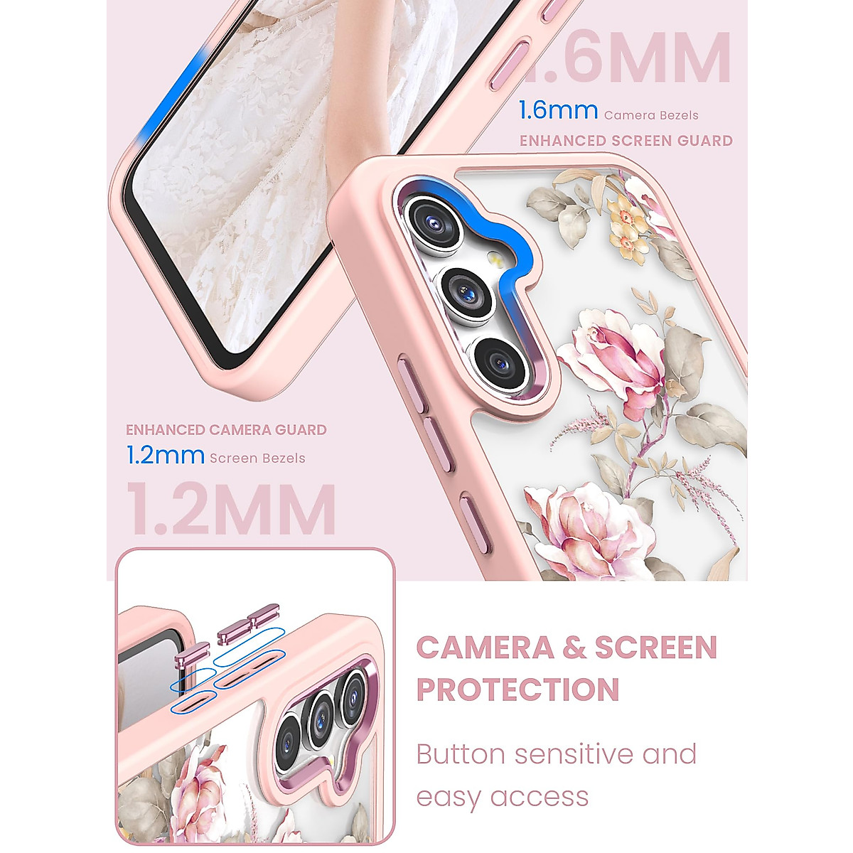 DagoRoo for Samsung Galaxy A54 5G Case with Tempered Glass Screen Protector [2 Pack],[Military Grade Protective] Slim Soft TPU & Hard PC,Girls Women Crystal Clear Flower Pattern Case-Ranunculus/Pink