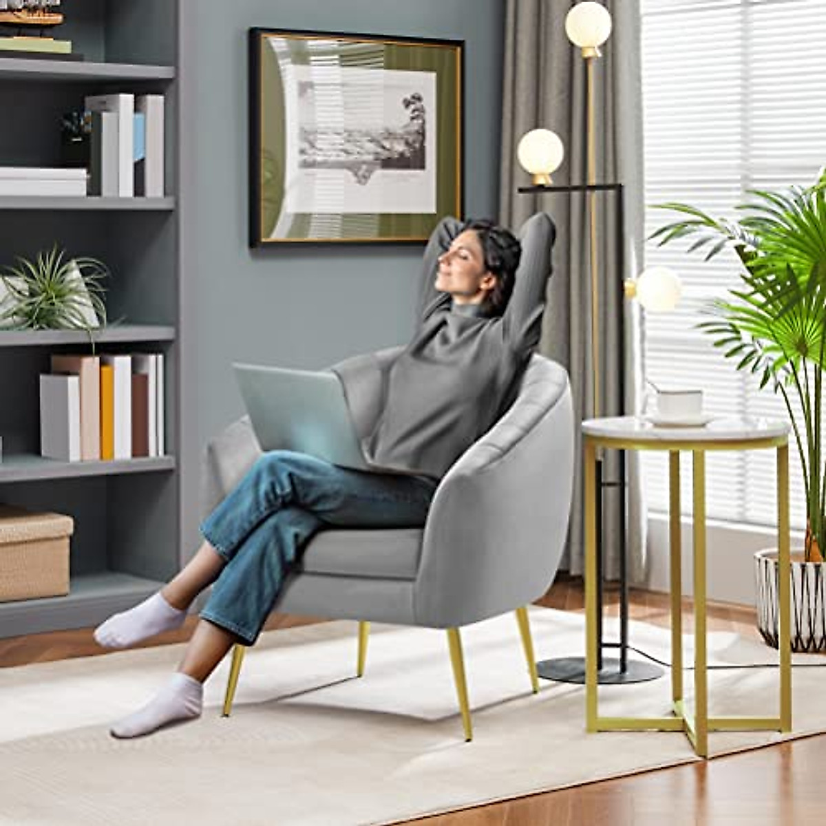 Yaheetech Velvet Accent Chair, Modern Soft Living Room Chair with Gold Metal Legs, Tufted Accent Armchair for Bedroom/Office/Guest Room, Gray