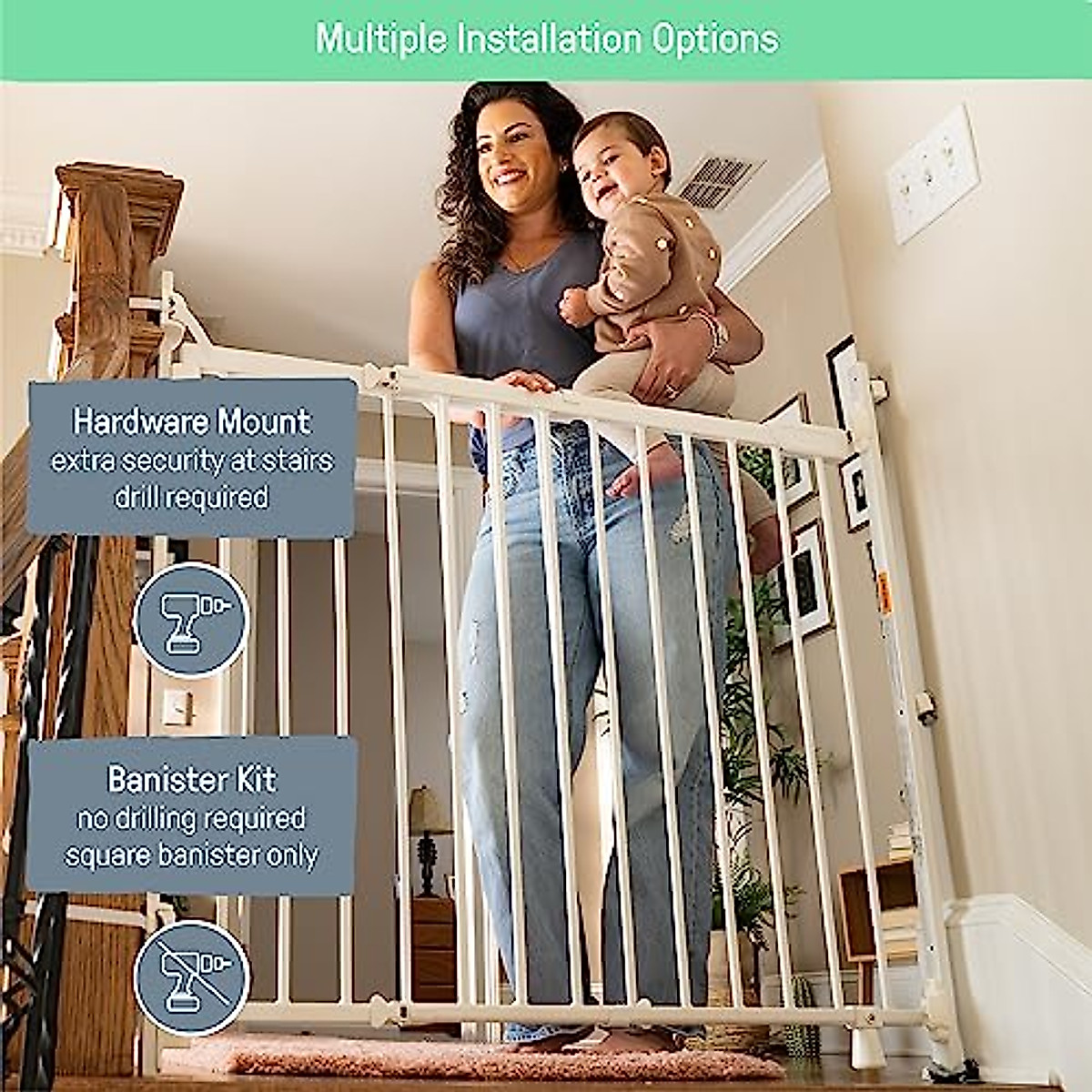 Summer Metal Banister & Stair Safety Pet and Baby Gate, 31"-46" Wide, 32.5" Tall, Install Banister to Banister or Wall, or Wall to Wall in Doorway or Stairway, Banister and Hardware Mounts - White