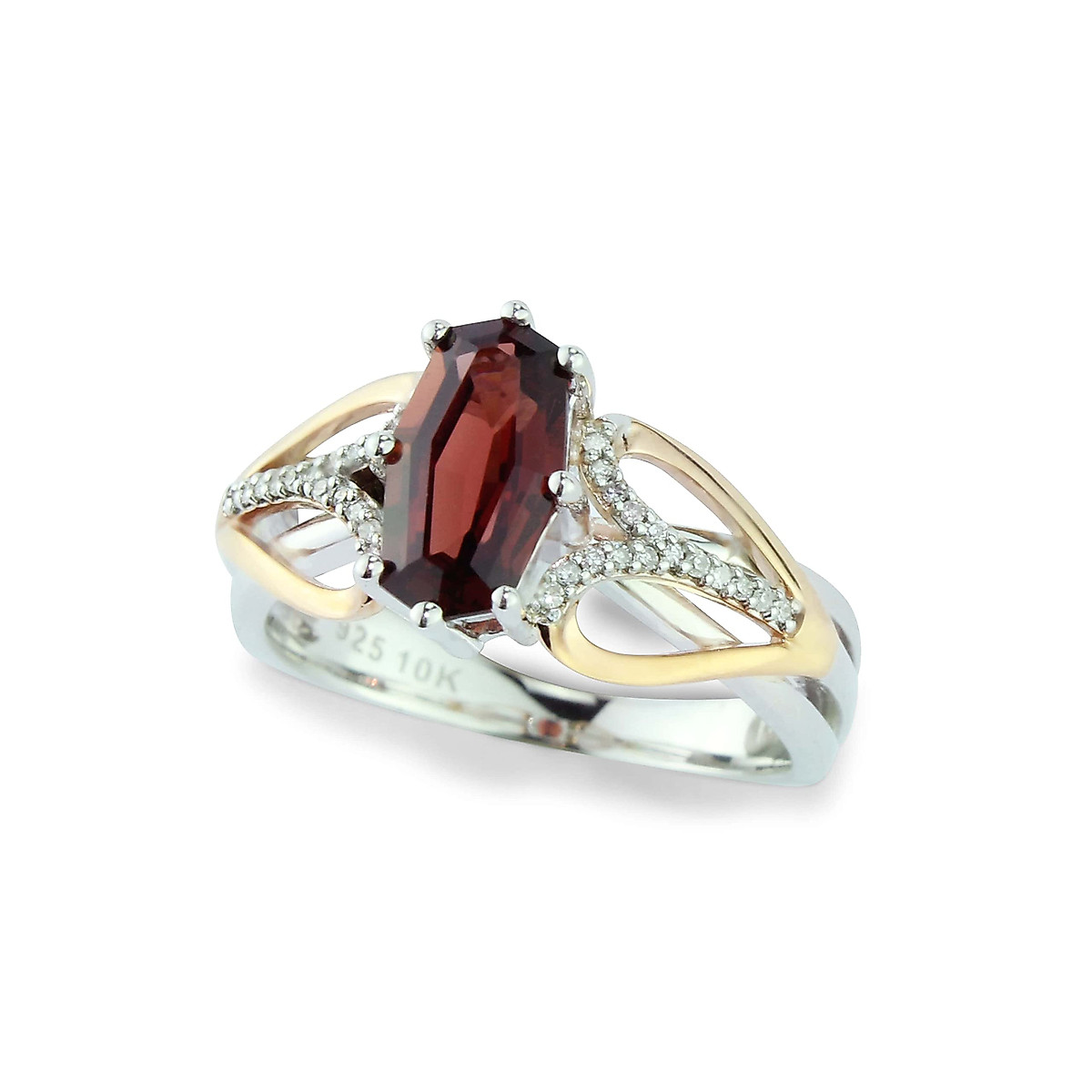 Belantina Heartland By Beverley Mitchell 10K Rose Gold with .925 Sterling Silver 10x5.5mm Special Cut Garnet & Diamond Accented Statement Ring (H-I, I2-I3) - Size 8