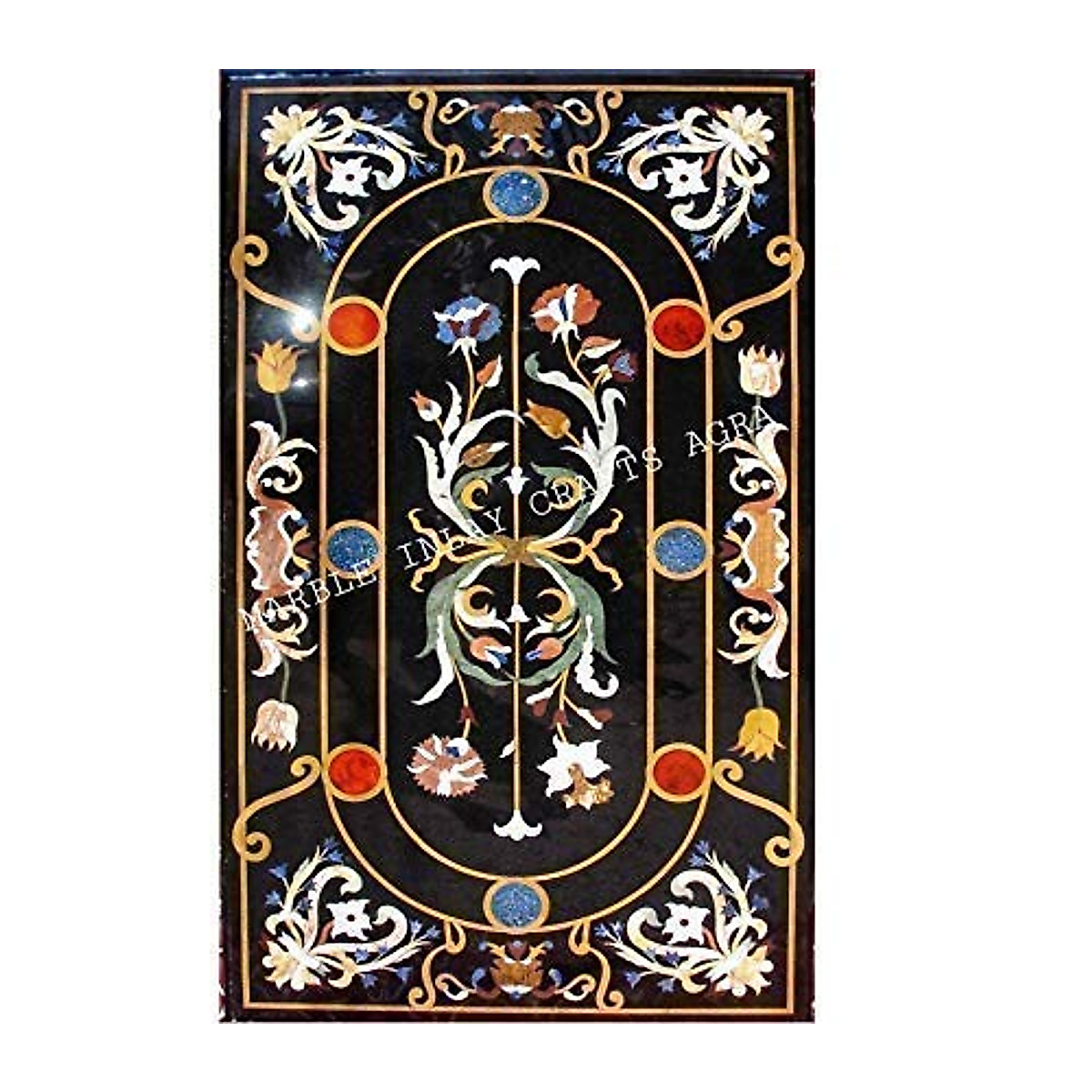 72" X 48" Inch Black Marble Coffee Table Rectangle Hand Made Inlaid With Natural Semiprecious Stones Marquetry