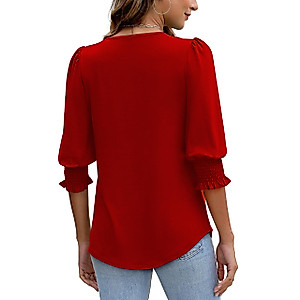 XIEERDUO 3/4 Length Sleeve Womens Tops Blouses for Women Dressy Casual Womens Short Sleeve Tops Red L