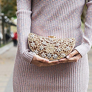 Boutique De FGG Half Moon Women Flower Evening Bags Bridal Crystal Clutch Purse Party Dinner Rhinestone Handbags (Gold)