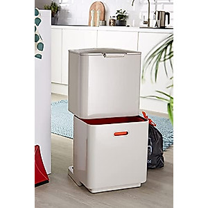 Joseph Joseph Totem Max 60 liter Waste Separation and Recycling Kitchen Trash Can with Odor filter and removable food waste caddy, Stone