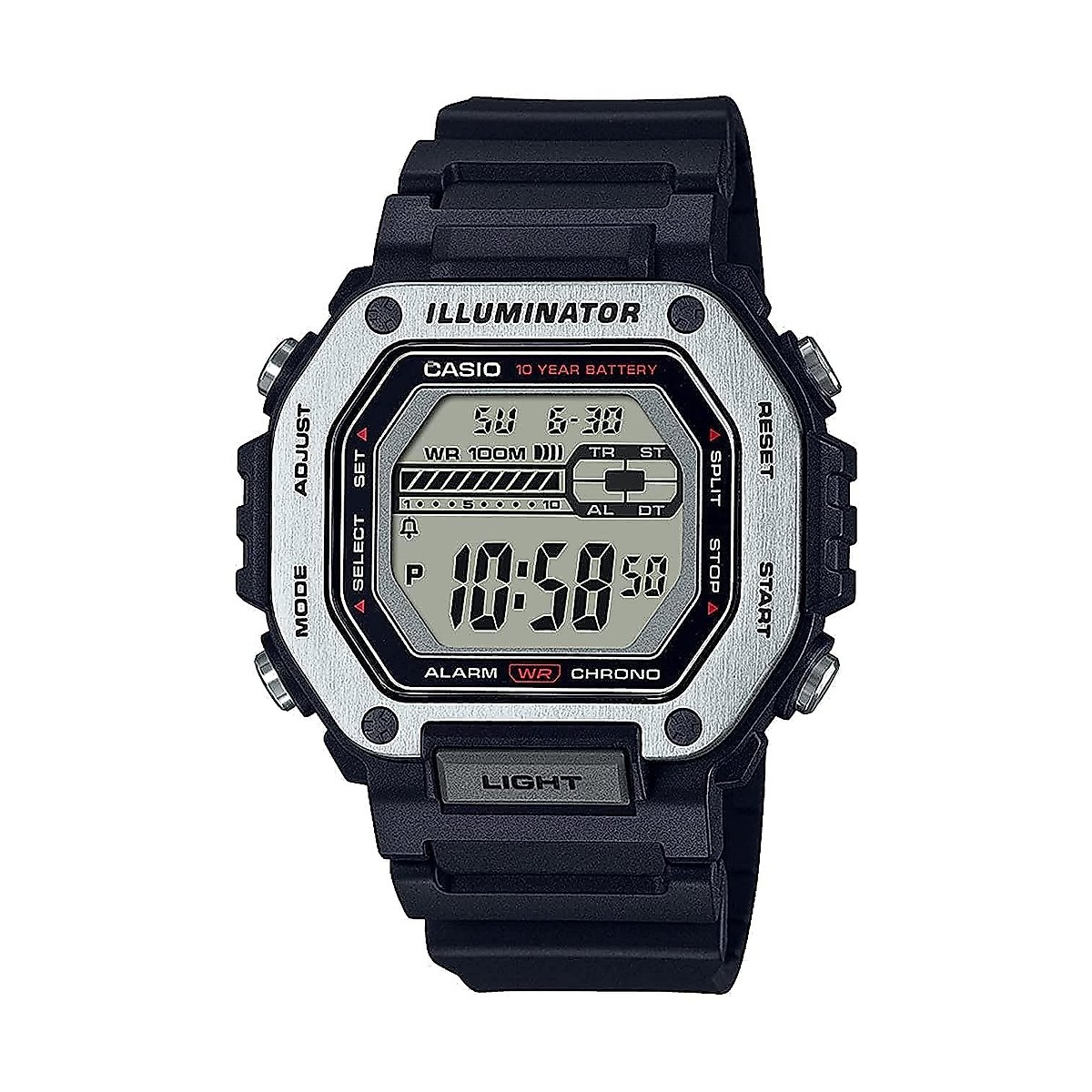 Casio LED Illuminator Dual-Time 1/100-Second Stopwatch w/ 5 Multi-Function Alarms MWD-110H-1AV