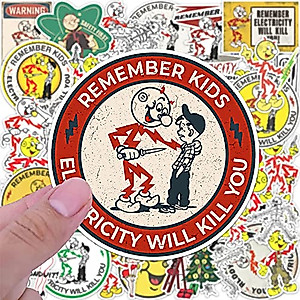 50 Pcs Reddy Kilowatt Sticker, Remember Kids Electricity Will Kill You Sticker, Electrical Electrician Stickers, Electric Will Shock You Decal for Car, Water Bottle, Laptop, Hard Hat Stickers Pack
