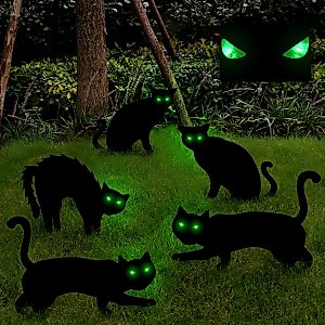 Ivenf Outdoor Halloween Decorations, 5ct Black Cat Yard Decor with LED Lights in Eyes, Scary Cat Silhouette Signs with Stakes, Waterproof Corrugated Plastic, Lawn Decorations for Home School Party