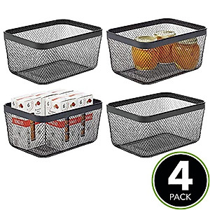 mDesign Steel Food Storage Organizer Bin Mesh Basket, Space Saving for Kitchen Cabinets, Countertop, Pantry, Fridge, Freezer Organization, Canned Food, Sugar, Flour, Meshi Collection - 4 Pack - Black