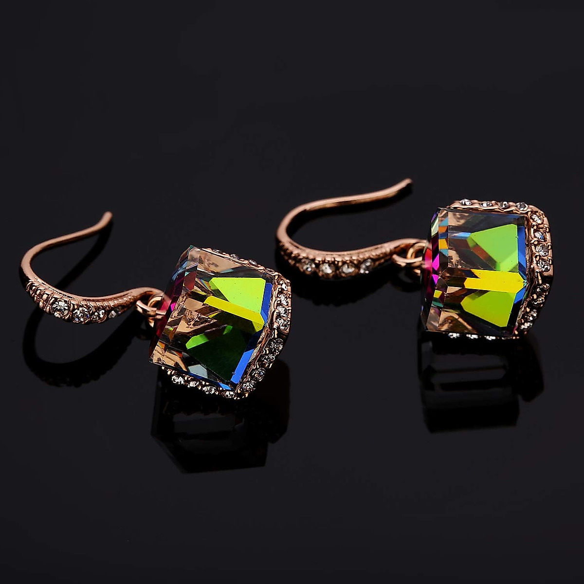 Austrian Crystal Cube Drop Dangle Earrings for Women 14K Gold Plated Hypoallergenic Jewelry (Rainbow/Rose Gold-tone)