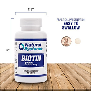Biotin 60 Tablets 5000 mcg by Natural Systems | Biotin Hair Growth Support Pills | Hair Skin Nails Vitamins for Men and Women | Biotin Supplement Improves Cell Growth