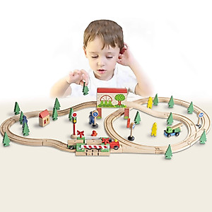 FUNPENY 60 Pcs Colorful Wooden Train and Track Sets,Train Railway Sets Toys for 3+ Years Kids,Boys,Girls Deluxe Holiday Gifts