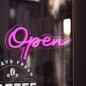 LED Neon Open Sign, MOLCOVEX 15"x 7.3" Business Open Sign with Remote, Adjustable Brightness Open Neon Lights for Restaurant Bar Salon Stores Hotel Wall Decor Light Open Sign (Pink)