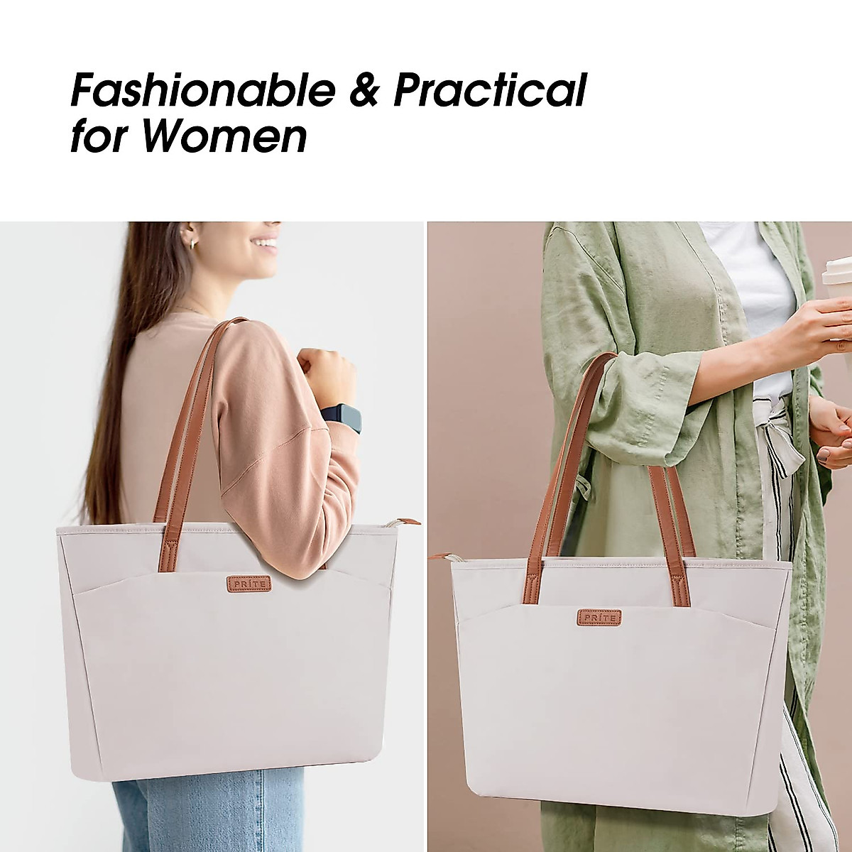 Prite Laptop Tote Bag for Women Shoulder Bag with 16” Computer Compartment for Work Travel(Beige)