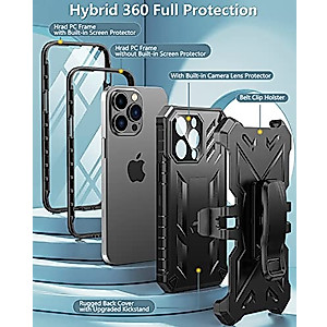 FNTCASE for iPhone 14 Pro Max Case: Military Grade Rugged Cell Phone Cover with Kickstand & Holster | Shockproof TPU Protection Bumper Matte Textured Design for iPhone 14 Pro Max Cases 6.7inch - Black