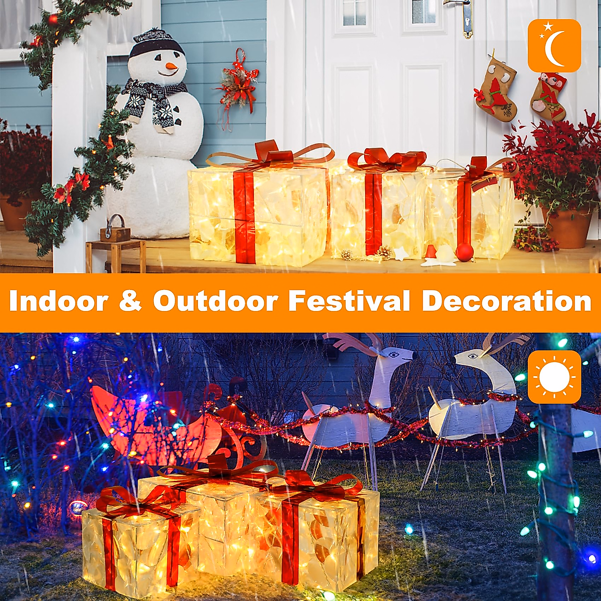 Large Christmas Lighted Present Boxes Decorations, Plug-In Transparent Warm White 76 LED Light Up Gift Boxes Outdoor Indoor for Christmas Tree Yard Home Lawn Holiday Outside Xmas Decor Set of 3